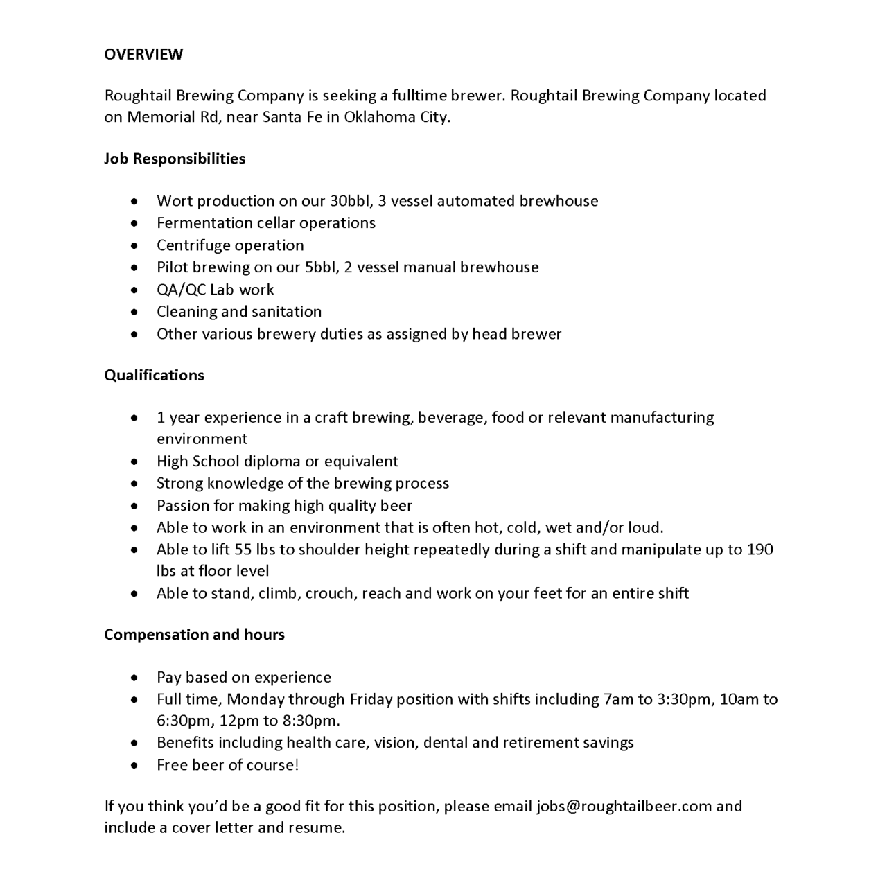 Careers – Roughtail Brewing Company